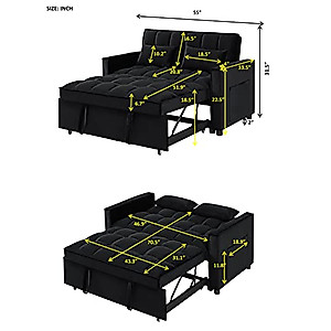 HABITRIO Loveseat with Pull-Out Sleeper Bed, Solid Wood Frame Black Velvet Upholstered 55" 2-Seater Sofa Couch w/3-Position Reclining Backrest, 2 Side Pockets, 2 Pillows, Furniture for Living Room
