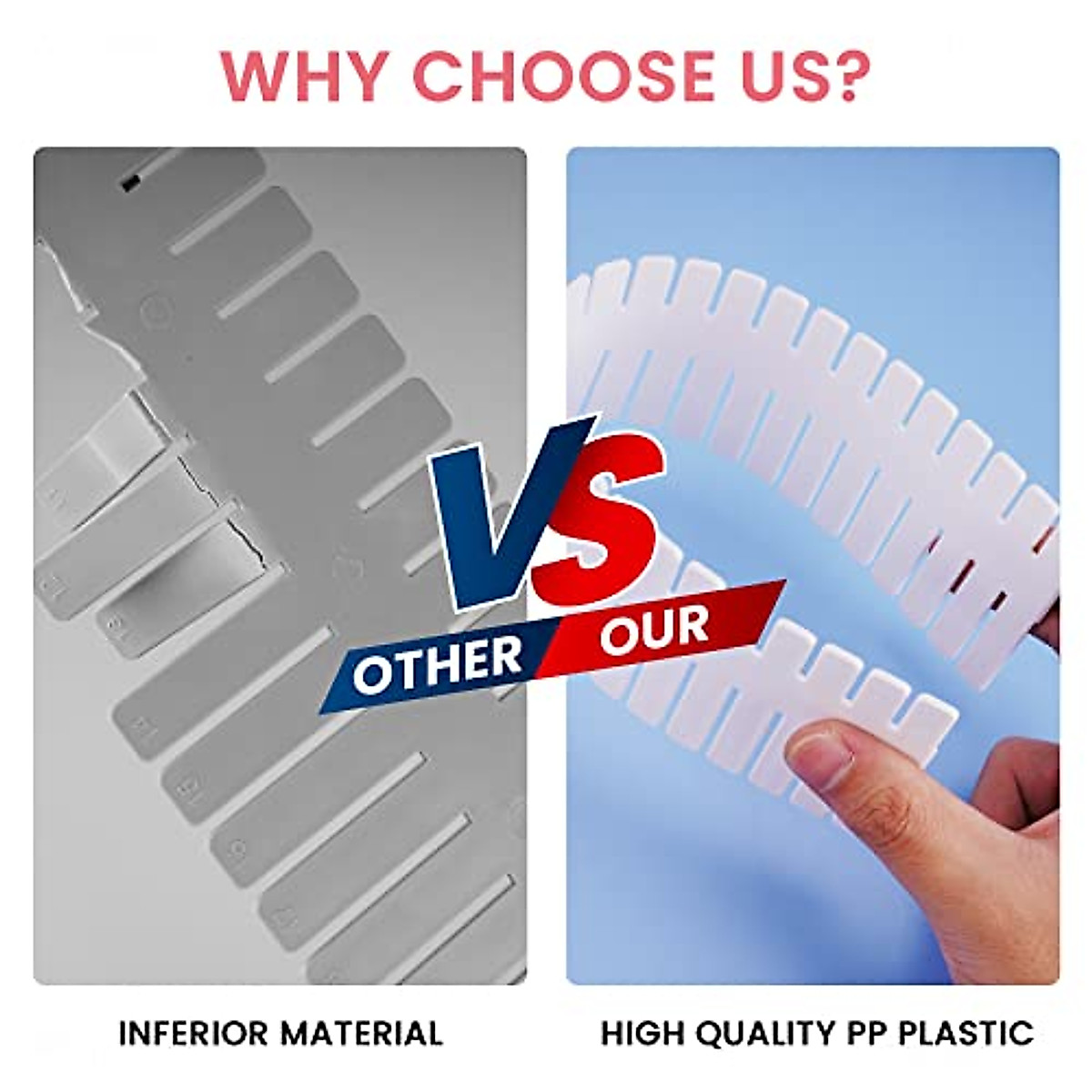 NiHome 8PCS Adjustable Drawer Divider Set, 12.6"x2.75" Flexible Plastic Drawer Organizer Grid for Socks, Underwear, Makeup, Stationary Storage, Home Kitchen Bedroom Dresser Office Desk (White)