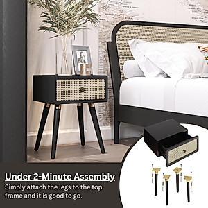 Bme Nipe Black Solid Wood Rattan Nightstand Fully Assembled, Woven Cane End Table, Bedside Table for Modern Bedroom, Boho Living Room with Long Wood Legs Large Storage 1-Drawer