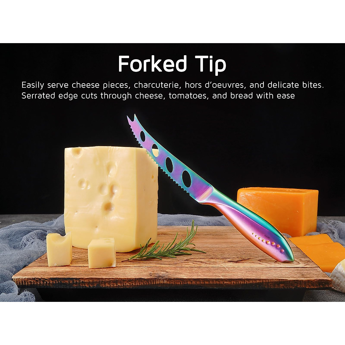 WELLSTAR Cheese Knife, Serrated Tomato Knife 5 Inch Sharp High Carbon Stainless Steel Blade for Cutting All Cheese Types - Rainbow