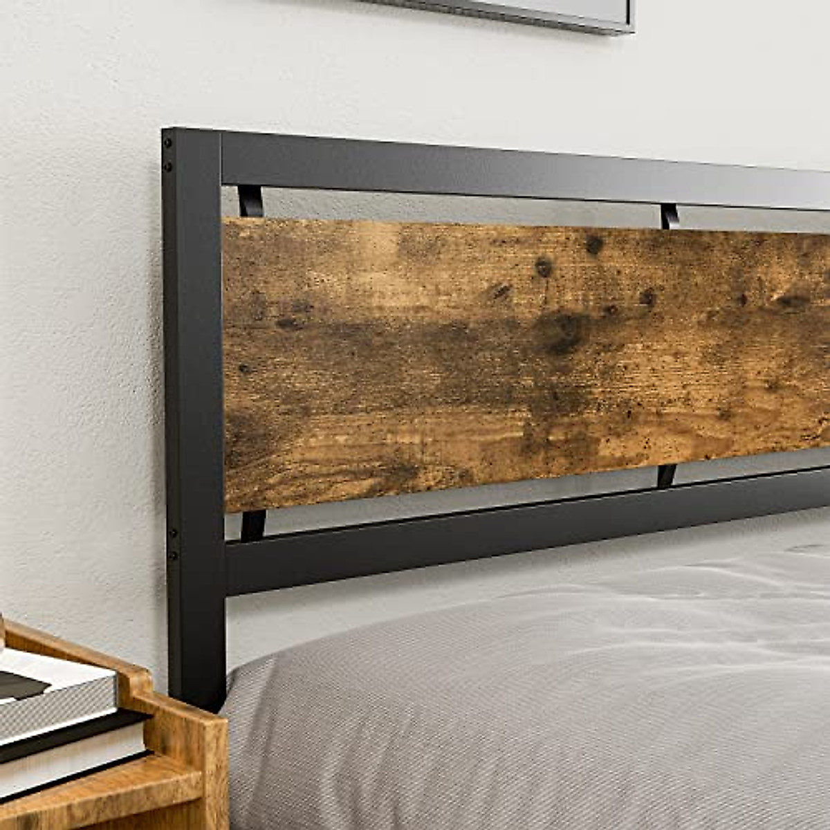 IKIFLY Industrial Metal King Size Bed Frame/Farmhouse Metal Platform Bed with Wooden Headboard Footboard/Heavy Duty Steel Slats Support/No Box Spring Need, Easy Assembly（King, Rustic Brown）