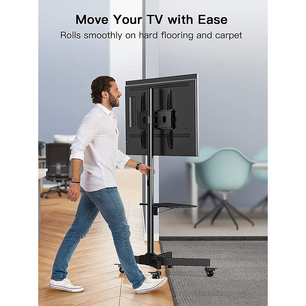 PERLESMITH Mobile TV Cart with Wheels for 23-60 Inch LCD LED OLED Flat Curved Screen Outdoor TVs Height Adjustable Shelf Floor Stand Holds up to 55lbs Monitor TV Holder with Tray Max VESA 400x400mm