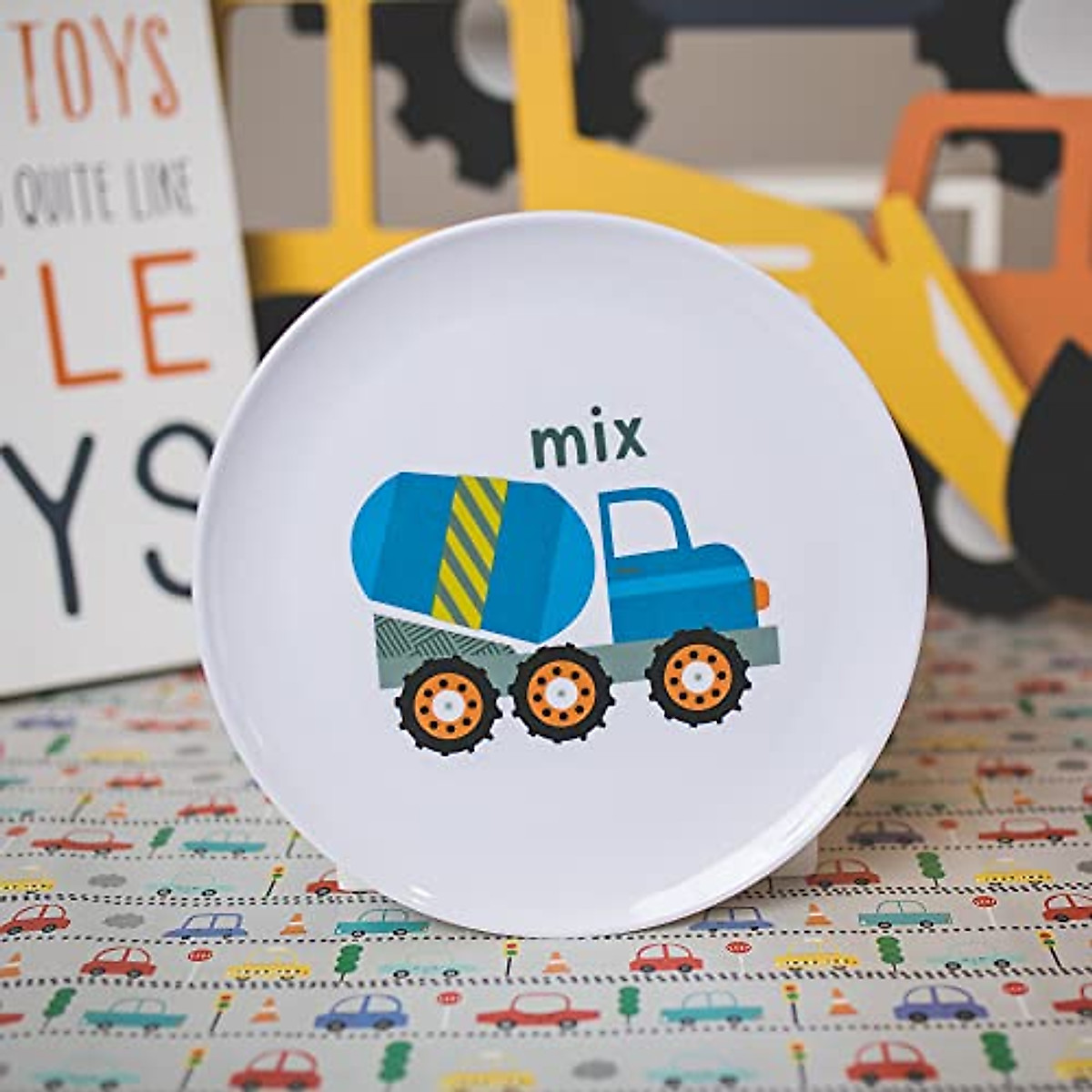 Tiny Expressions – Construction Plates for Toddlers - Set of 4 Melamine Plates for Kids - Mixer, Excavator, Bulldozer, and Dump Truck - Fun Plastic Plates for Kids