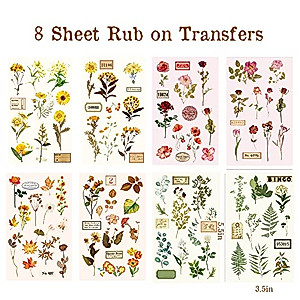 Vintage Rub on Transfers Stickers, 4 Pack Transfer Stickers Flowers Scrapbooking Stickers for Paper, Fabric, Mugs, Junk Journals, Bullet Journals, Scrapbooking Materials, Planners, Wedding Scrapbook