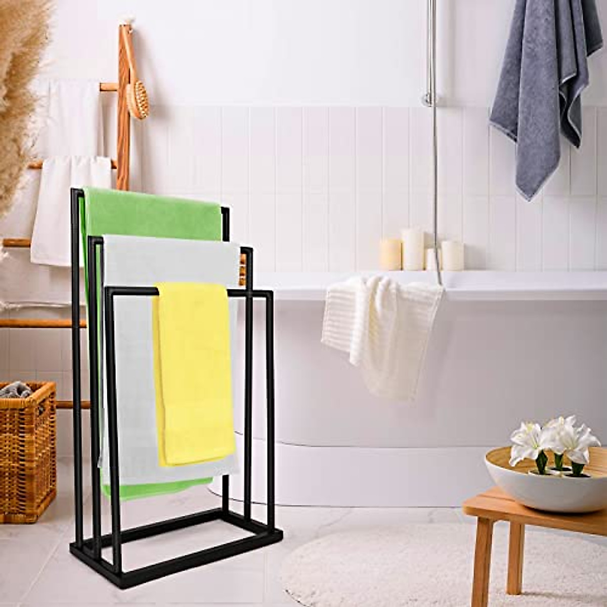 3 Tiers Stainless Steel Towel Rack, 3 Bars Free Standing Towel Rack, Holder Drying Stand Towel for Bathroom, Hand Towel Drying Rack Stand, Black Towel Rack, Next to Tub or Shower