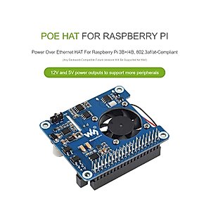 waveshare Power Over Ethernet (PoE) HAT for Raspberry Pi 4B/3B+, 802.3af/at PoE Network Standard, 5V USB-A&12V Header Outputs, PoE HAT Onboard Cooling Fan and MP8676 Buck Chip, Isolated