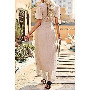PRETTYGARDEN Women's Summer Maxi Glitter Dress Wrap V Neck Ruffle Sleeve Cocktail Party Long Dresses with Slit (Champagne,Large)