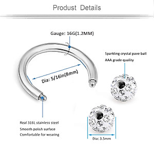 AVYRING 16G 8mm Daith Rook Earrings Stainless Steel with Crystal Ball Cartilage Helix Piercing Rings Septum Rings Eyebrow Jewelry Silver