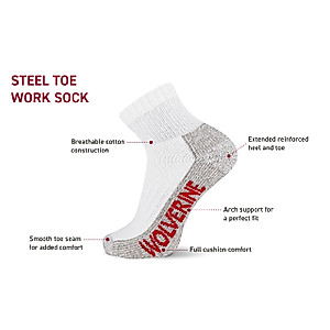 Wolverine Mens 2 Pack Cotton Quarter Sock Steel Toe, White, 7-12 US