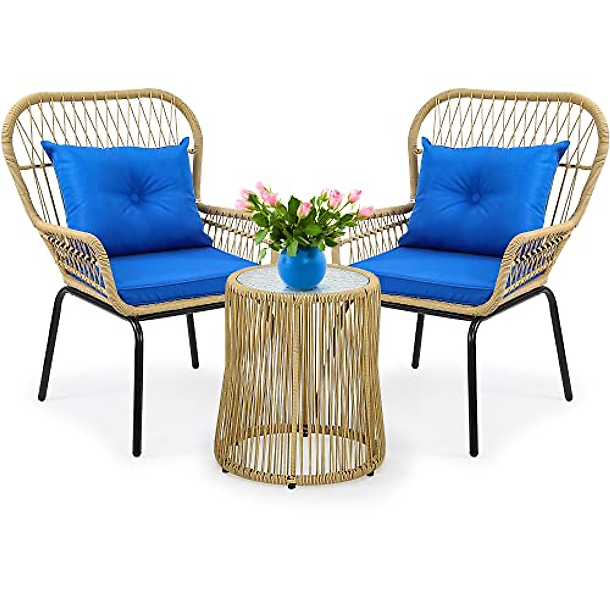 YITAHOME 3-Piece Outdoor Patio Furniture Wicker Bistro Set, All-Weather Rattan Conversation Chairs for Backyard, Balcony and Deck with Soft Cushions, Glass Side Table (Light Brown+Navy Blue)