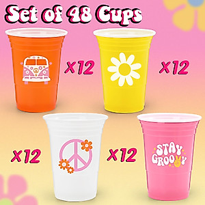 Nefelibata Retro Groovy Party Plastic Cups 48PCS Groovy 60s 70s Party Stadium Cups Bachelorette Bridal Shower Party Favors Decorations Birthday Reusable Party Cups Supplies 15OZ