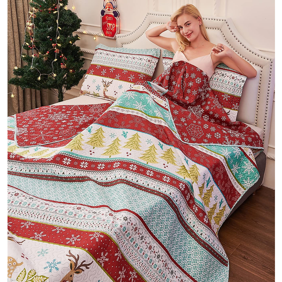 Jessy Home Christmas Bedding Set Queen Size Christmas Quilt Bedspread Xmas Reversible Christmas Coverlet Rustic Lodge Deer Snowflake Cabin Home Holiday Decor Christmas