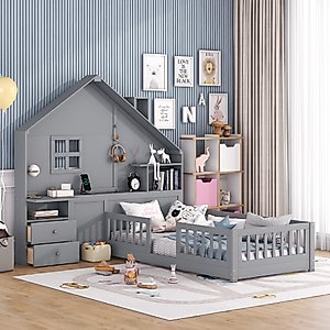 Floor Bed with Rails and House Shape Headboard, Twin Size House Beds with Storage Drawers and Shelves, Kids Montessori Bed with Charging Station for Girls Boys, USB Port & Outlets, Gray