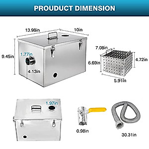 IRONWALLS 8LBS Top Inlet Commercial Grease Interceptor, Stainless Steel Grease Trap 4 Gallon, Under Sink Grease Trap Waste Water Oil-water Separator for Restaurant, Cafe, Canteen, Factory, Kitchen