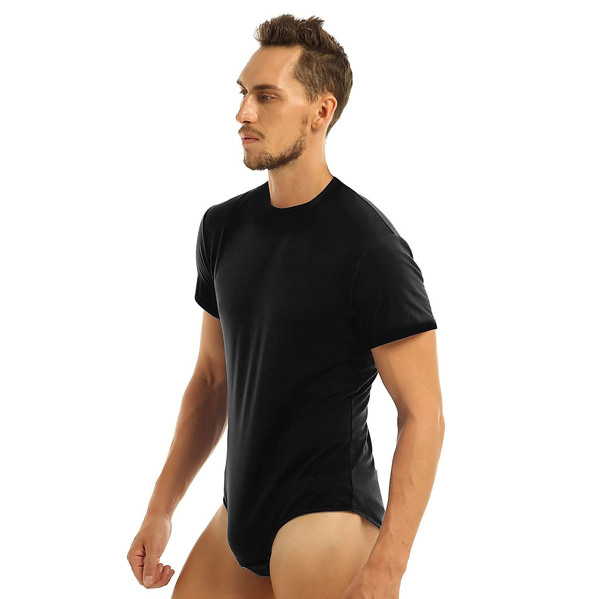 renvena Mens Press Button Crotch Shirt Bodysuit Short Sleeve Leotard Undershirt Romper Black 4X-Large