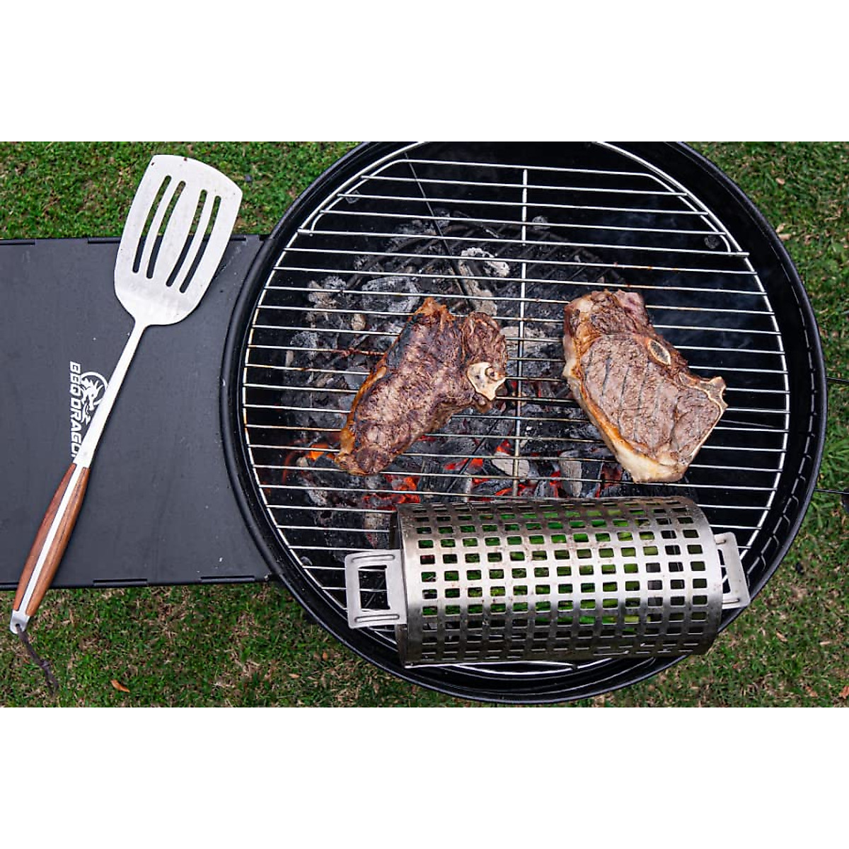 BBQ Dragon | Rolling Grill Basket | Food Grade Stainless Steel Grilling Basket | 13.5”x5.6” Cylinder | Vegetables, Shrimp, Fish, Chicken Wings | Snap Close Lid | Dishwasher Safe | Grilling Accessory