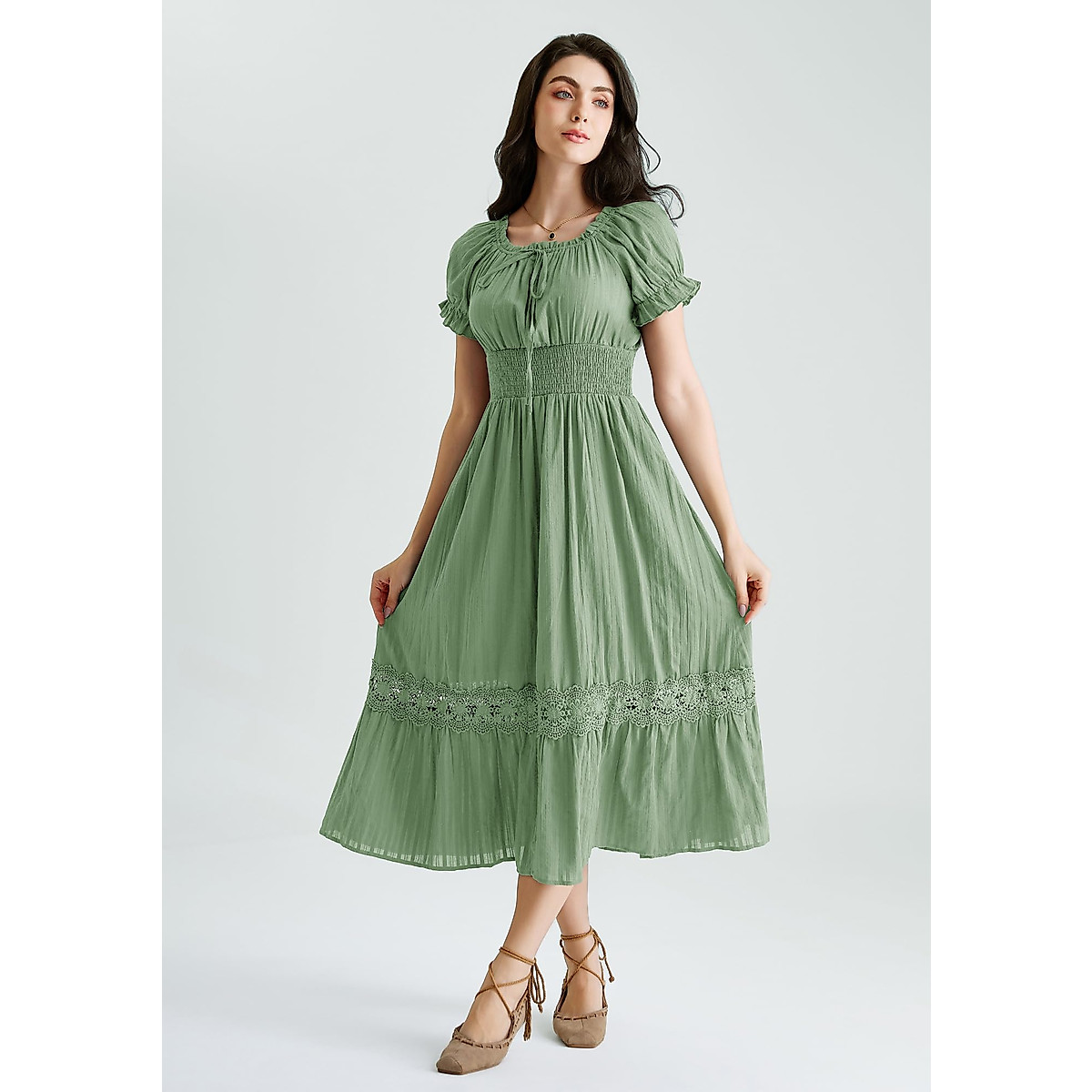 Renaissance Dress for Women Medieval Midi Length Vintage Dresses Light Green L