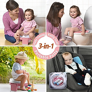 Portable Potty for Toddler Travel Seat Foldable Car Potty Training Toilet with Travel and Storage Bag Kids for 24M- 3 Years(Pink)