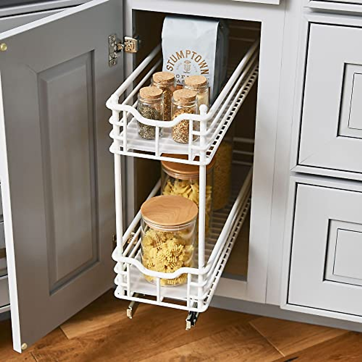 Household Essentials Glidez Multipurpose Paint-Finished Steel Pull-Out/Slide-Out Storage Organizer with Plastic Liner for Under Cabinet Use - 2-Tier Design - Fits Standard Size Cabinet or Shelf, White