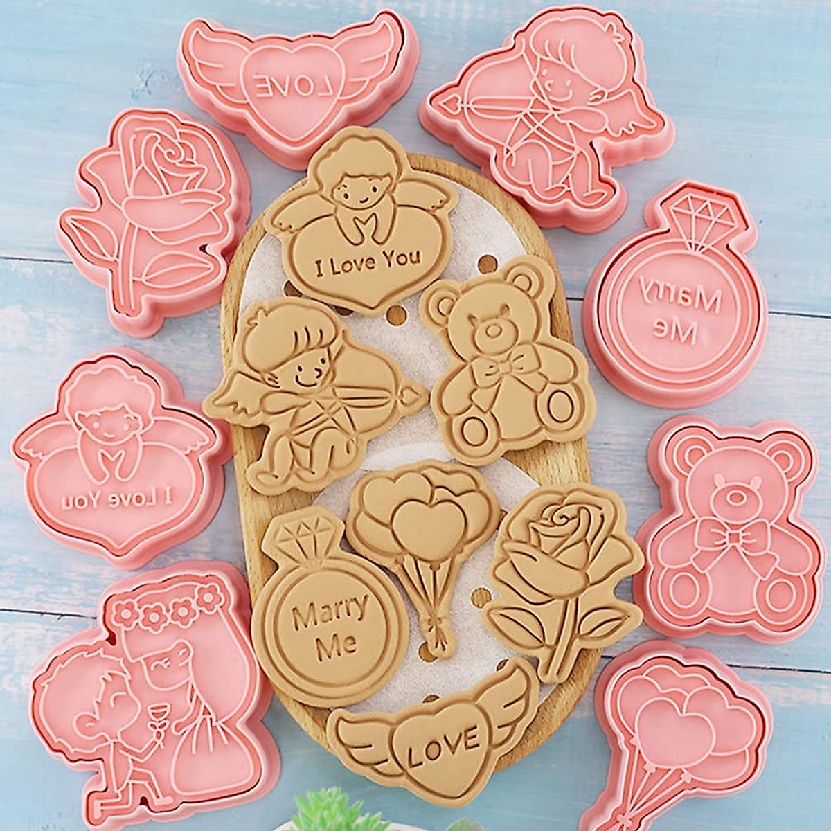 Gadpiparty Gadpiparty Valentine's Day Cookie Cutter Set Cookie Stamp Included 3D Diamond Ring Cute Bear Love Heart Balloons,Rose Angel, Romantic Proposal Cookie Cutters for Party Baking Decoration