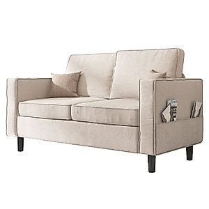 Mjkone Loveseat Sofa with 2 Storage Side Pocket, 54.7'' Modern Fabric Love Seats, Easy Assembly/High Resilience Sponge/Real Wooden Frame and Solid Wood Sofa Legs(Beige, Loveseat)