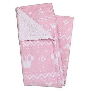 Disney Minnie Mouse Pink and White Winter Christmas Holiday Super Soft Sherpa Baby Blanket