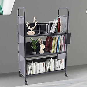 DDBESSIC Rolling Book Cart, 3 Tier Book Rack Storage Bookshelf with 3 Flat Shelves, Movable Bookcase with Wheels Utility Organizer Cart Side Literature Rack
