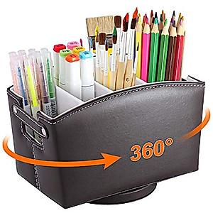 Leather Art Supply Desk Organizer, Rotating Pencil Holder Organizer, Desktop Storage Caddy for Pen, Colored Pencil, Crayon, Paint Brushes, 360 Degree Spinning Works for Classroom, Art Studio, Office