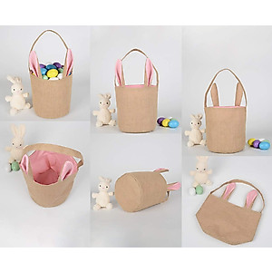 KEFAN 3 Pack Easter Bunny Baskets Jute Burlap Easter Bags with Ears Stand Up 8 x 8 x 9 Inch