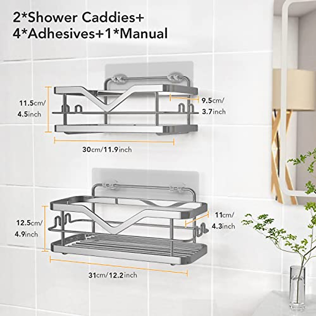 HOMEASY Shower Caddy Rack Organizer Wall Mount, rv Shower Organizer Shelf Adhesive No Drilling, Rust Free Storage Shower Caddy Shelf with Included Hooks for Bathroom,Toilet,Kitchen,rv -2 Pack