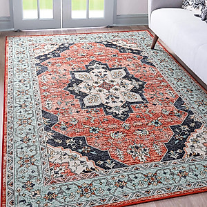 FlyDOIT Vintage Washable Area Rug, 4x6 Red Blue Floral Medallion Rugs for Living Room, Ultra Soft Accent Bedroom Rug, Indoor Non-Slip Low-Pile Throw Carpet for Entryway Dorm Kitchen Dining Room Decor