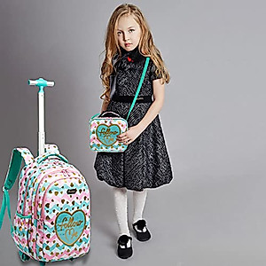 Egchescebo Girls Rolling Backpacks with Wheels 3PCS Heart Backpack Set for School Wheeled Luggage Suitcase Lunch Box Pencil Case Large Capacity Bookbag Adjustable Trolley for Elementary Travel Pink