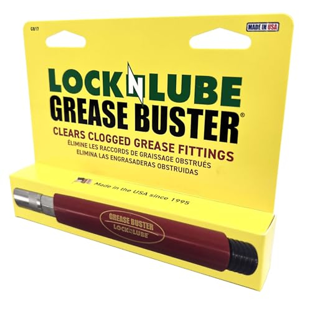 Grease Buster® - The Original, Made in The USA by LockNLube! Cleans and flushes Out Old Dried Grease from Fittings, pins, shafts, bushings, and Joints. Uses penetrating Fluid and Hydraulic Pressure.