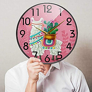 Naanle Cute Llama with Cactus Pink Round Wall Clock, 9.5 Inch Silent Battery Operated Quartz Analog Quiet Desk Clock for Home,Office,School