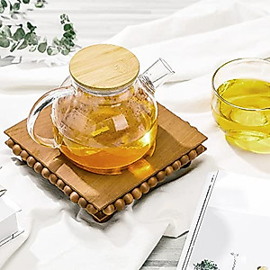 Wood Beaded Trivet and Wood Bead Garland Set Square Brown Wooden Riser Retro Farmhouse Riser White Boho Decorative Beads with Tassel Decorative Beads for Coffee Bar, Bathroom, Kitchen Island