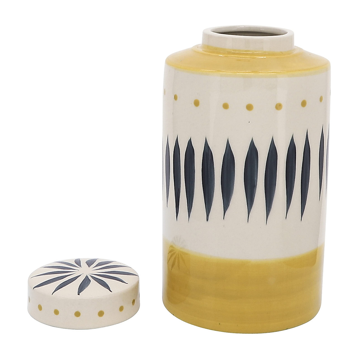 Sagebrook Home Cylinder Ceramic Jars Tribal W/Lid Decorative Jars, Vases, Elegant Storage Containers for Home Decor and Kitchen Interior Design, 10" H, Yellow