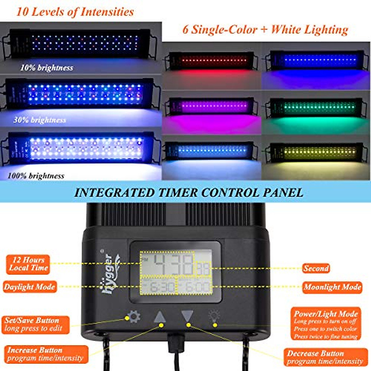 hygger Auto On Off 48-55 Inch LED Aquarium Light Extendable Dimable 7 Colors Full Spectrum Light Fixture for Freshwater Planted Tank Build in Timer Sunrise Sunset