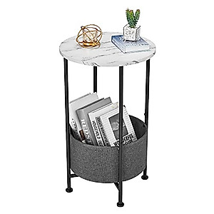 LEMONDA 26" High Marble White Round End Table with Storage,Small 2 Tiers Round Side Table with Basket for Living Room Bedroom,Round Sofa Table Nightstand Bedside Table for Small Spaces