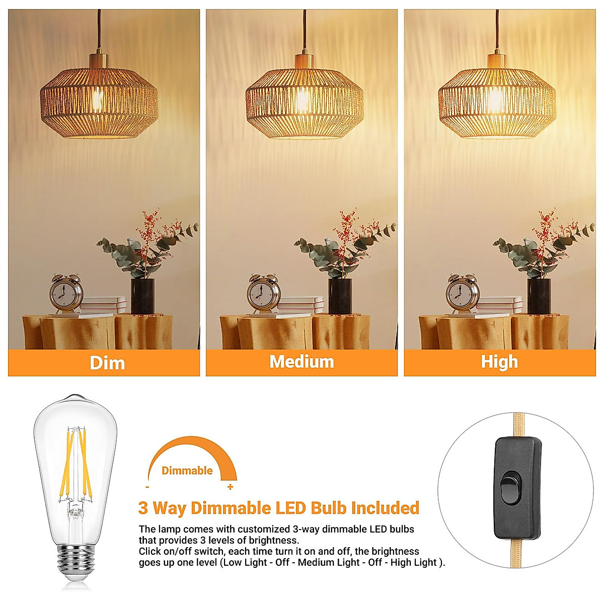 Plug in Pendant Light Paper Woven Rattan Hanging Lights Boho Hanging Lamp Rustic Farmhouse Pendant Lights for Kitchen Dining Room Bedroom Entryway, with 3-Way Dimmable Bulb (Woven)