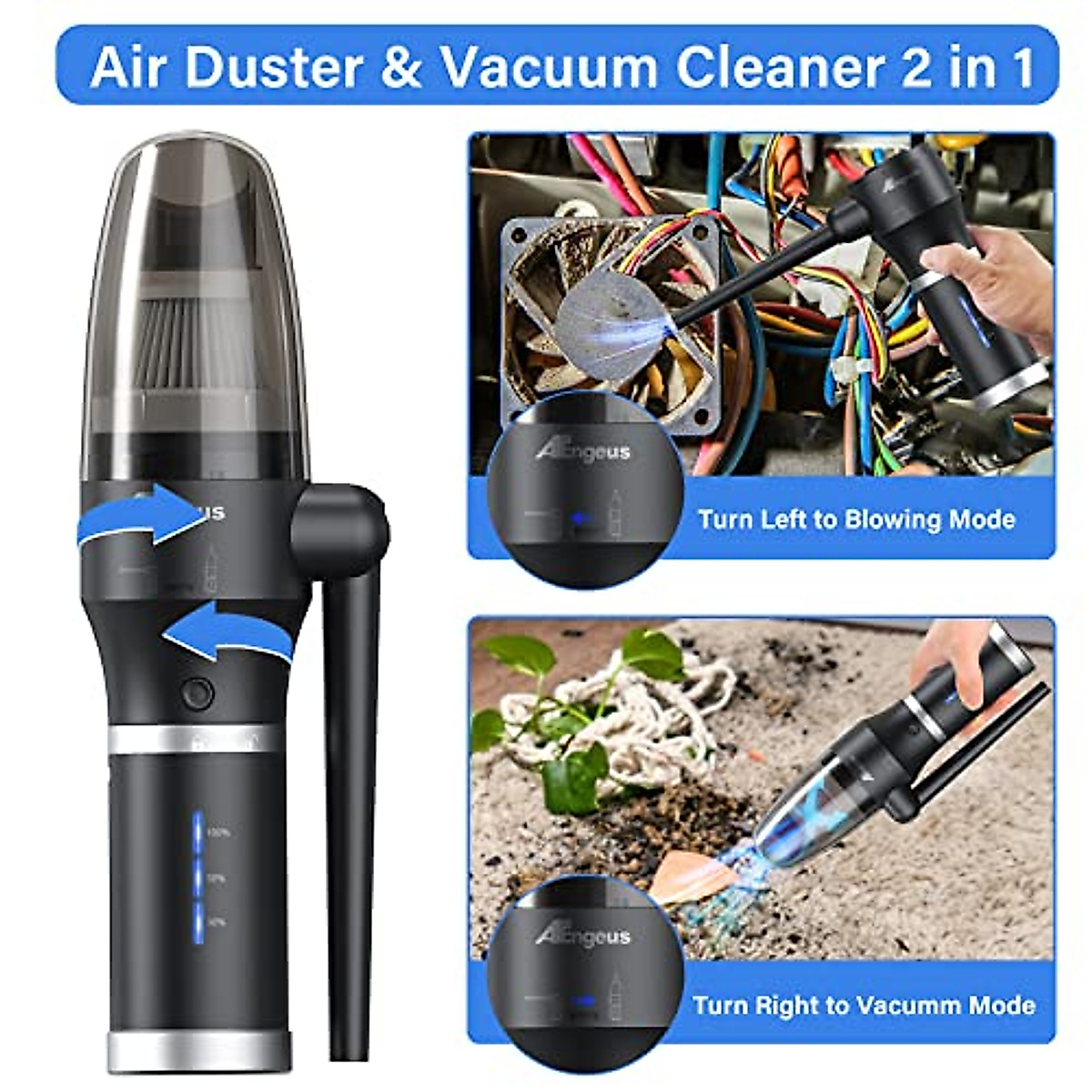 ATEngeus Compressed Air Duster & Vacuum, 77000 RPM Cordless Air Duster, 3 in1 Air Blower, Detachable Battery, Replaces for Air Cans, Keyboard Cleaner, Vacuum Cleaner for pc