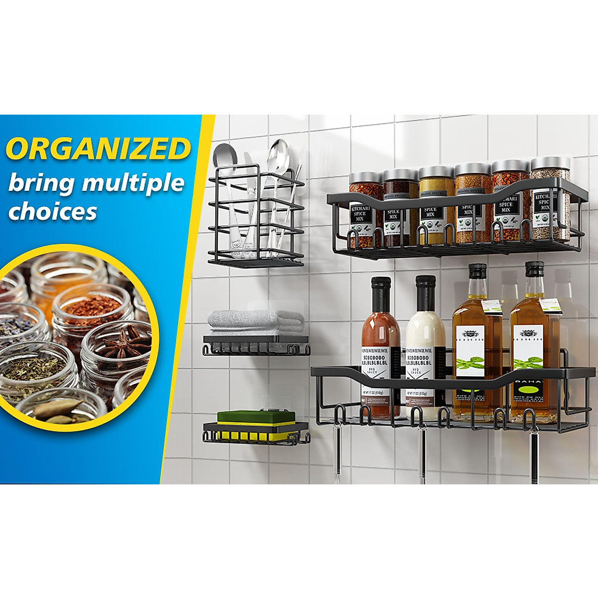 5-Pack Shower Caddy, No Drilling, Strong Adhesive Mount, Large Capacity, Rustproof Stainless Steel, Black.