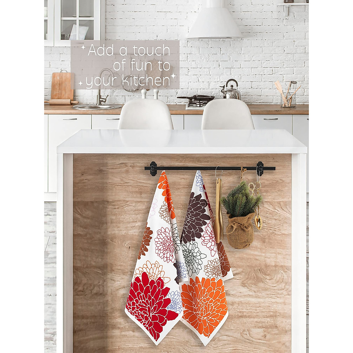 Kitchen Towels - 2-Piece Set of Absorbent Cotton Dishcloths (20x30 in), Durable & Oversized Farmhouse Design with Elegant Floral Pattern, Hanging Loop for Easy Hand & Dish Drying - White