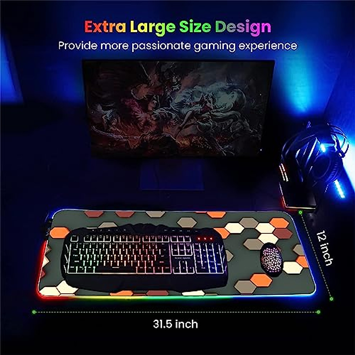 Mouse Pads Hexagon Pattern Mouse Mat Large RGB Gaming Mouse Pad Gaming Accessories Led Computer Pad Keyboard Desk Mat with Stitched Edge 900X400Mm