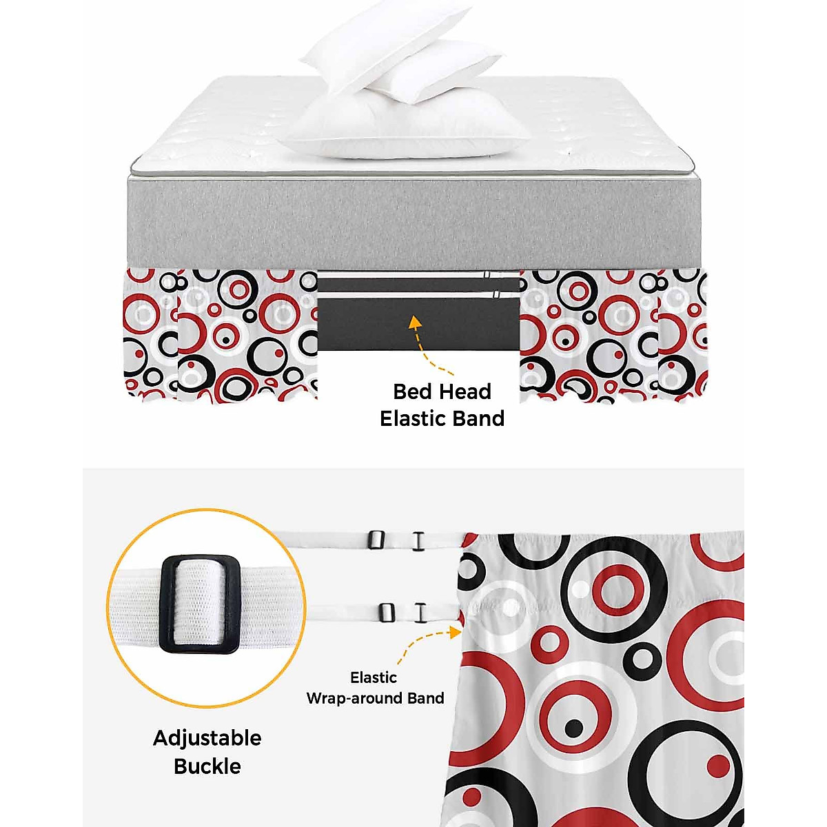 Red Black Bed Skirt Queen Size 16 Inch Drop, Adjustable & Elastic Wrap Around Bed Skirts Pleated Luxury Dust Ruffles for Twin Full Queen Cal King Base Bed, Modern Geometric Boho Polka Dot Grey