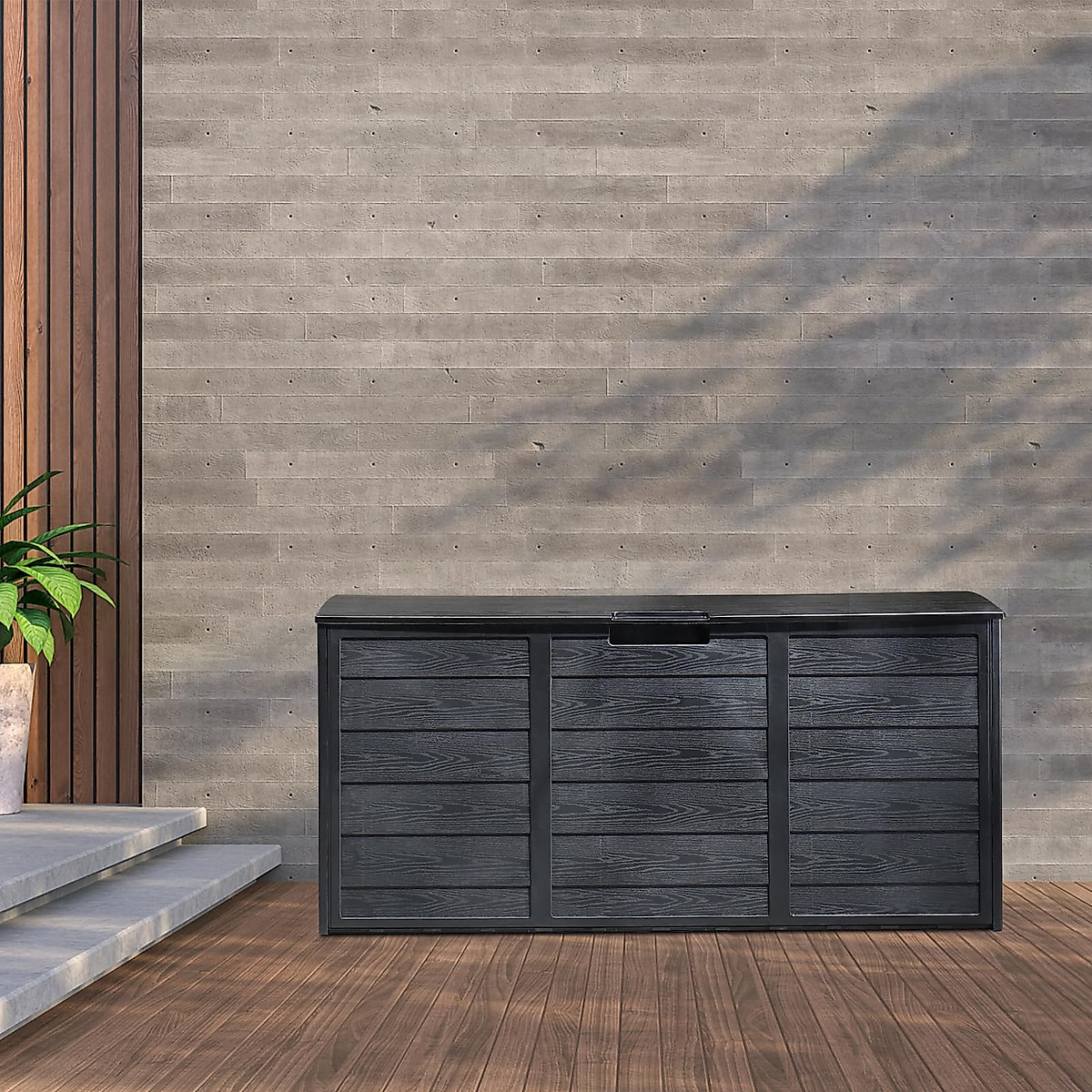 75 Gallon Outdoor Storage Box, Large Outdoor Storage Boxes for Garden Tools Outdoor Garden Plastic Storage Deck Box Chest Tools Cushions Toys Lockable Seat Black