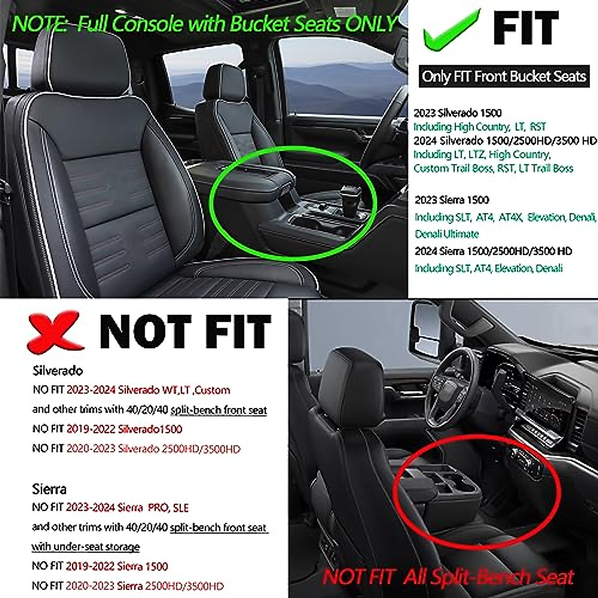 RUNROAD Center Console Organizer Compatible with 2023 Chevy Silverado 1500 /GMC Sierra 1500 & 2024 Silverado/Sierra 1500/2500HD/3500HD Accessories Insert Armrest Tray, Full Console w/Bucket Seats ONLY