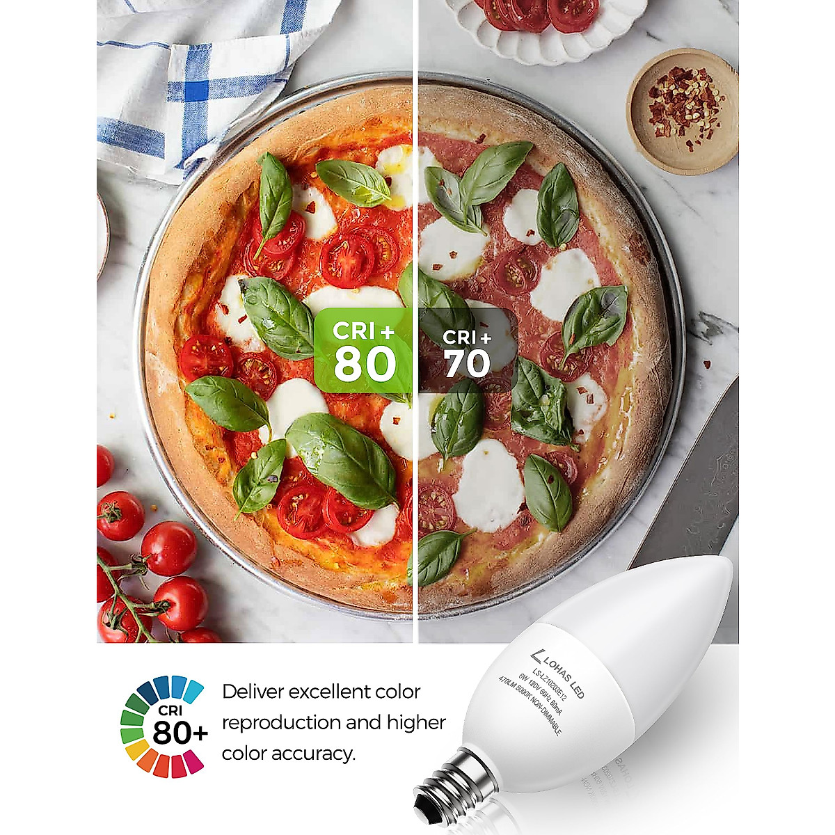 LOHAS E12 LED Candelabra Light Bulbs 60 Watt Equivalent, B10 Chandelier Candle Bulbs 5000K Daylight White, 6W Type B Ceiling Fan Bulbs 470LM, Non-Dimmable, 6 Packs