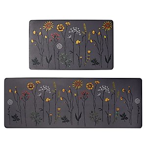 Rempry Kitchen Rugs and Mats Set of 2, Colorful Flowers , Non Slip Cushioned Anti-Fatigue Floor Mats for Kitchen Sink Office, 17"x47"+17"x29"