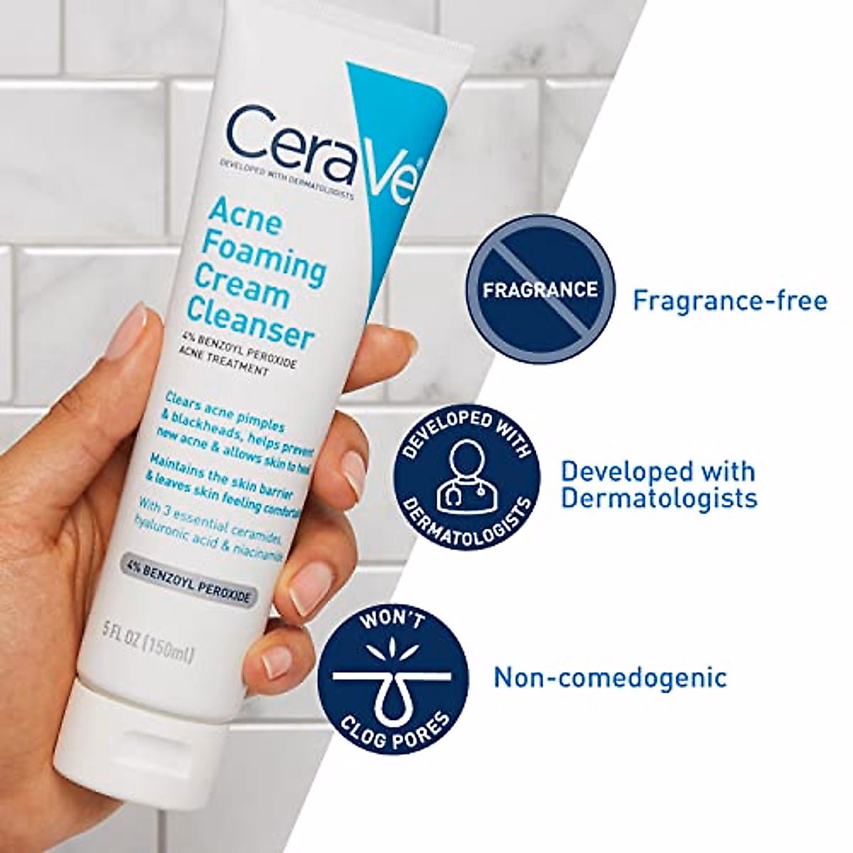 CeraVe Acne Foaming Cream Cleanser | Acne Treatment Face Wash with 4% Benzoyl Peroxide, Hyaluronic Acid, and Niacinamide | Cream to Foam Formula | Fragrance Free & Non Comedogenic | 5 Oz