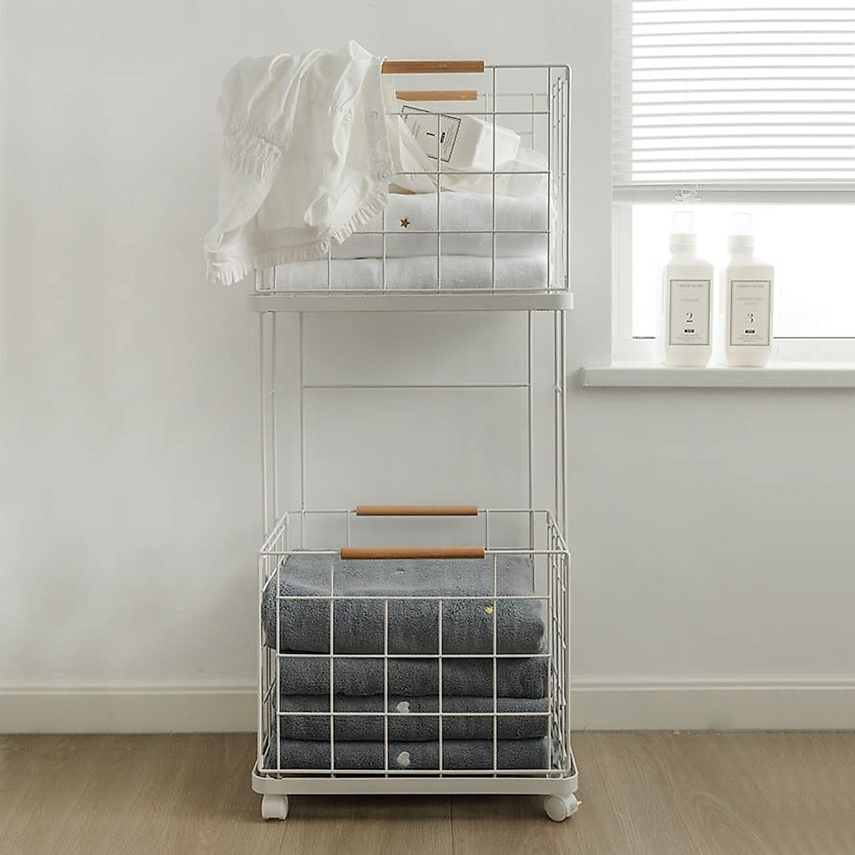 Double Layer Clothes Storage Cart, Rolling Laundry Basket Cart,Detachable Laundry Basket, Multi-layer Storage Basket, Home Bathroom Folding Storage Rack, Kitchen Shelf Fruit Rack